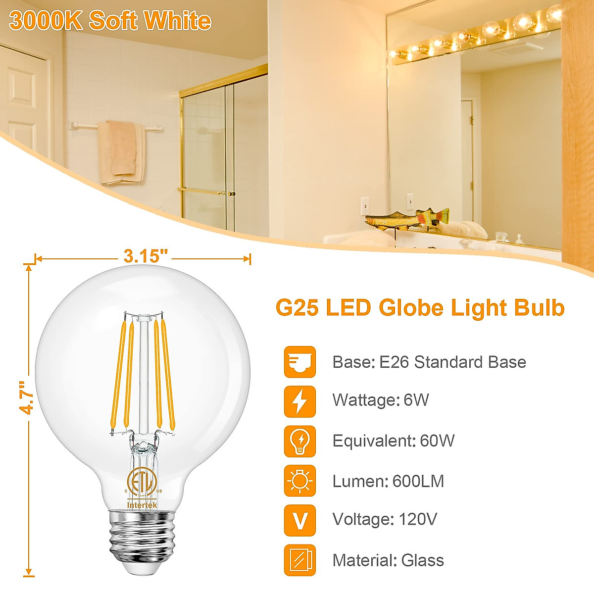 Dekang 8-Pack G25 LED Globe Light Bulbs 3000K Soft White, Vintage E26 Base Edison Light Bulbs 60W Equivalent, 6W Round Light Bulbs with Filament for Bathroom Vanity, Clear Glass, 600LM, Non-dimmable