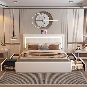 Kallabe Queen Bed Frame with LED Lights and 4 Stoarge Drawers, Adjustable Headboard, Upholstered Platform Bed with Type-C&USB Ports, Strong Wooden Slats Support, Easy Assembly, White