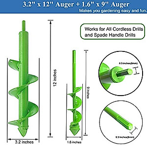 Garden Auger Spiral Drill Bit for Planting, Bulb Planter Tool Drill, Auger Post Hole Digger, Used to Dirt/Hard Soil/Clay for 3/8" Hex Driver Drill, 2 Sizes of 12 in x 3.2 in and 9 in x 1.6 in
