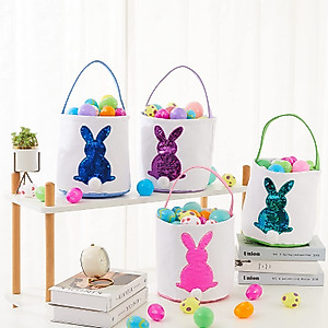 4 Pack Easter Bunny Basket Bags for Kids, Sequins Rabbit Canvas Eggs Hunt Baskets with Fluffy Tails, Tote Bag Candies Gifts Bucket for Easter Party - Blue, Purple, Pink and Green