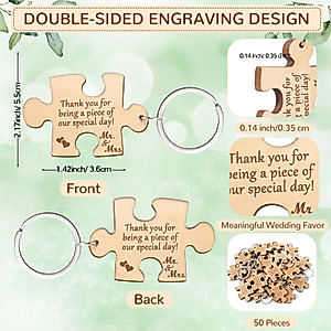 Sintuff 50 Sets Wedding Favors for Guests Rustic Wood Puzzle Keychain Thank You Card Organza Bag Wedding Party Bridal Shower Souvenir (Natural Wood)
