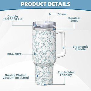UIANG Blue Mandala Stainless Steel Triple Layer Insulated Travel Tumbler with Spill Resistant Lid, Straw, and Carry Handle, BPA Free, 40 oz,Hippie Bohemian Flowers,Blue Blue
