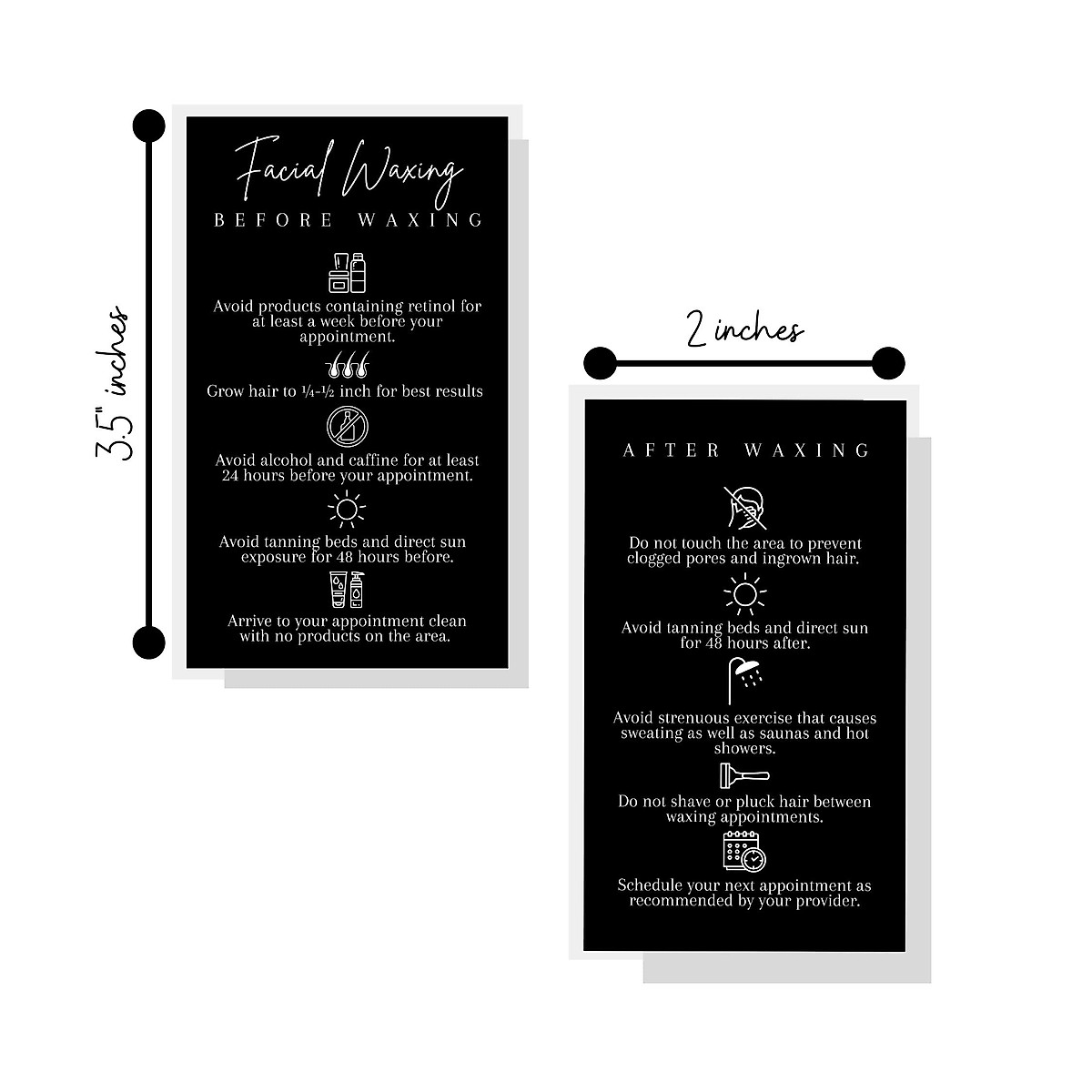 Facial Waxing Before & After Instruction Card | 50 Pack | 2x3.5” in Business Card | Waxing Supplies | Facial Waxing Instructions Cards for Estheticians Using Hard or Soft Wax | Black and White Design