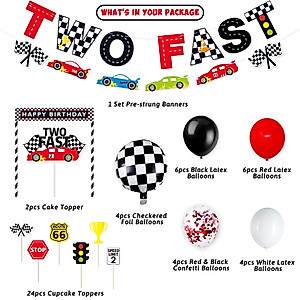Race Car Two Fast Party Decorations Supplies Racing Theme 2nd Birthday Party Banner Race Car Second Birthday Cake Topper Checkered Flags Balloons for Let's go Racing Theme Sports Event Party Supplies
