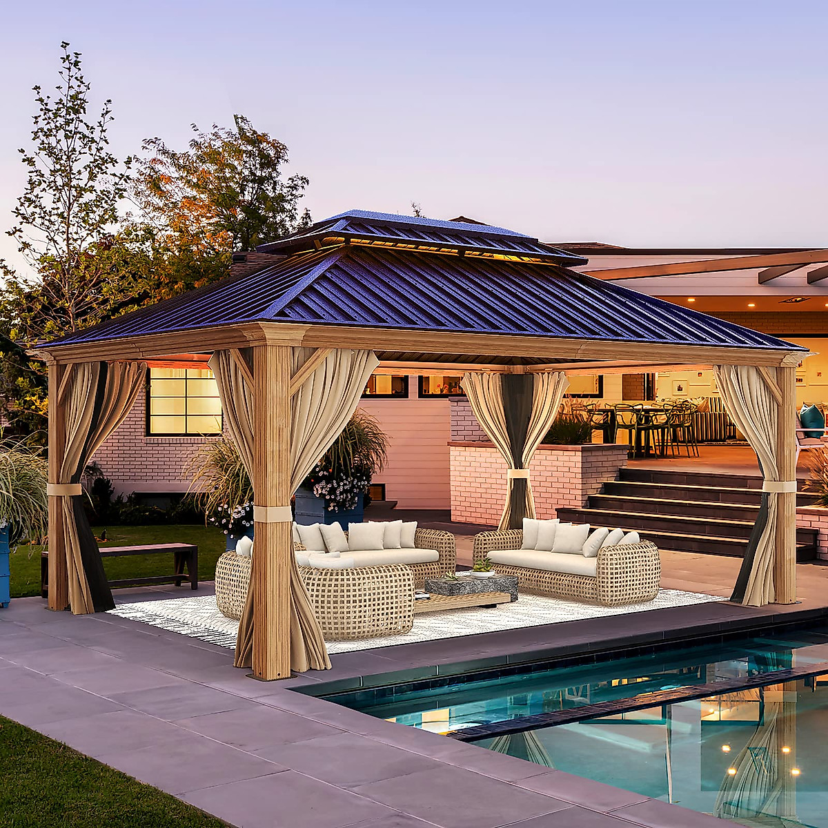 YOLENY 12'x16' Hardtop Gazebo, Wood Grain Aluminum Frame Outdoor Gazebo with Double Galvanized Steel Roof, Permanent Metal Pavilion with Curtains and Nettings for Patio, Backyard, Deck and Lawns