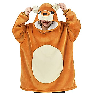 LASSUPIN Teddy Brown Bear Wearable Blanket Sweatshirt Sherpa Oversized Hoodie TV-Blanket with Sleeves and Pockets for Adults Men Women Teens One Size Fits All