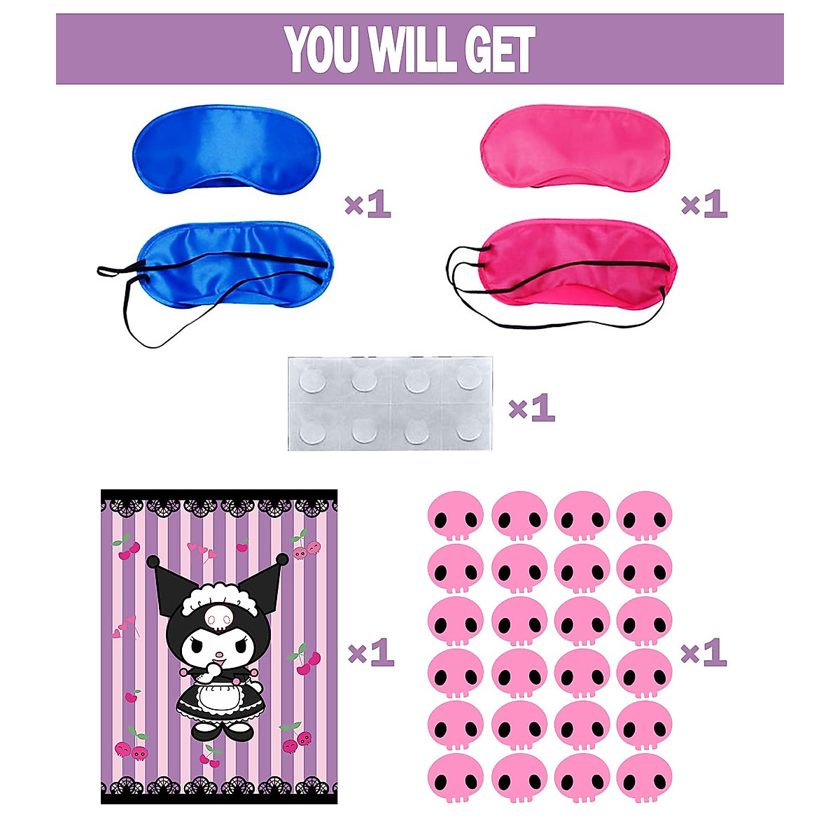 Kuromi Birthday Party Supplies, Kuromi Party Games for Boys Girls, Large Poster 24PCS Stickers for Kuromi Birthday Favors Decorations