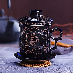 Tea Talent Porcelain Tea Cup with Infuser Lid and Saucer Sets - Chinese Jingdezhen Ceramics Coffee Mug Teacup Loose Leaf Tea Brewing System for Home Office