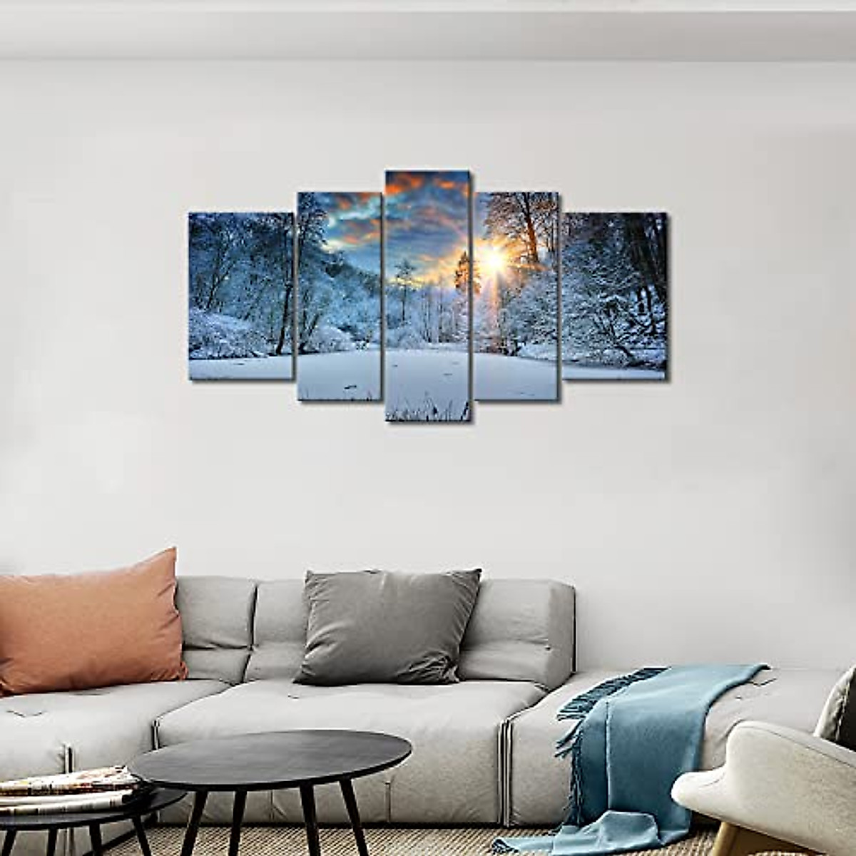 Modern Canvas Painting Wall Art Snowfield Winter Snow Forest Tree Sunrise sunset Landscape Mountain & Tree Print on Canvas Artwork Wall Decor (B)