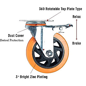 N/A 5 Inches Heavy Duty Polyurethane Caster Wheels Anti-Skid Swivel Casters Wheels with 360 Degree for Set of 4 Orange (2PCS Locking Swivel Casters 2PCS Fixed Caster Wheels), XP-06