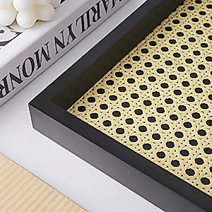 Rectangle Serving Tray with Imitated Rattan, Ottoman Tray, Black Decorative Tray, Basket Serving Tray with Black Wooden Frame for Coffee, Breakfast, Food, Drink, 14'' x 9.8'' x 1.8''