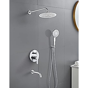 ROVOGO Tub and Shower Faucet Set, Complete Bathtub Shower System with 10-in. Round Rain Shower, 5-Function Handheld and Tub Spout, Chrome (Valve and Trim Kit Included)