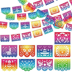 Qpout 5 Packs Mexican Party Banners Iridescent Plastic Papel Picado Banner Cinco de Mayo Decor Fiesta Garland for Dia De Los Muertos Decor,Fiesta Birthday Baby Shower Party Decorations Flags