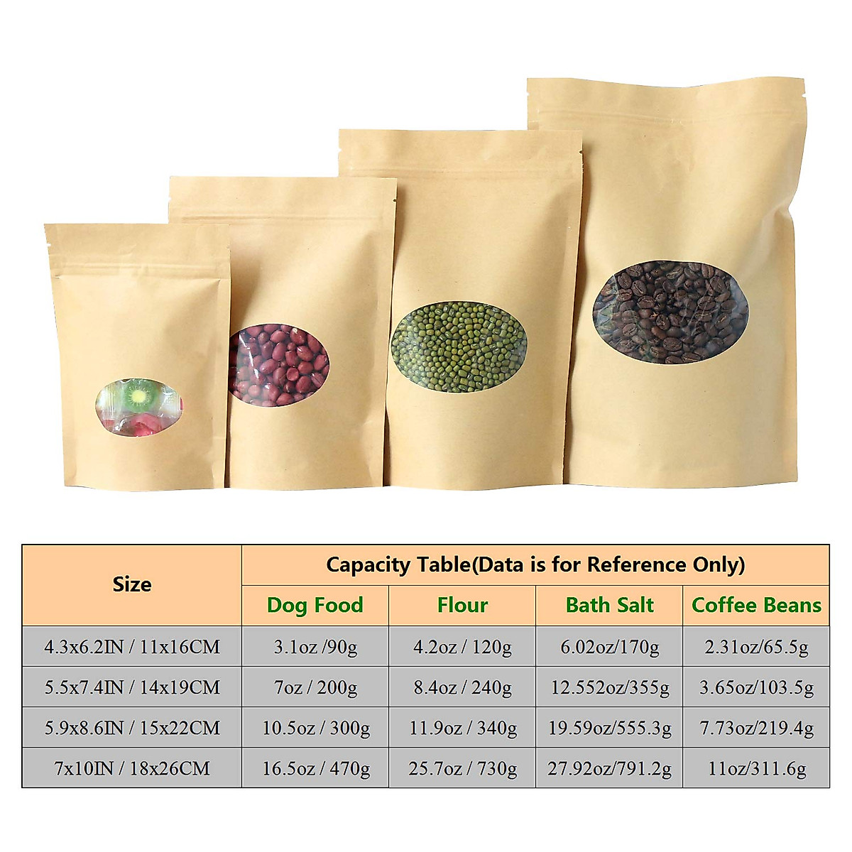 Kraft Stand Up bags with Window - SumDirect 50Pcs 4.3x 6.2 inches Brown Food Storage Bags, Reusable Sealing Stand Up Pouches Zipper Lock for Storing