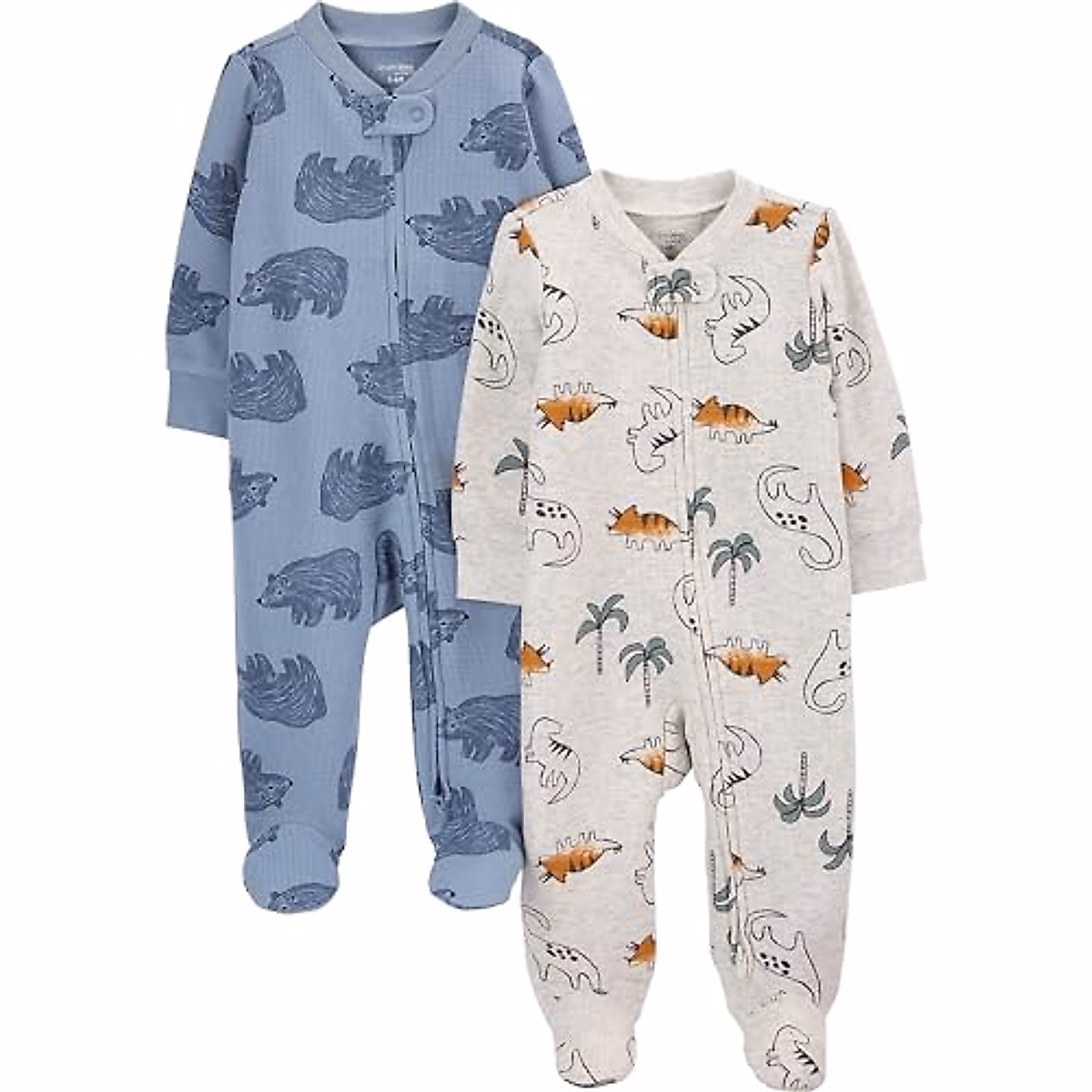 Simple Joys by Carter's Baby Boys' 2-Way Zip Thermal Footed Sleep and Play, Pack of 2, Dusty Blue Bear/Ivory Dinosaur, 3-6 Months