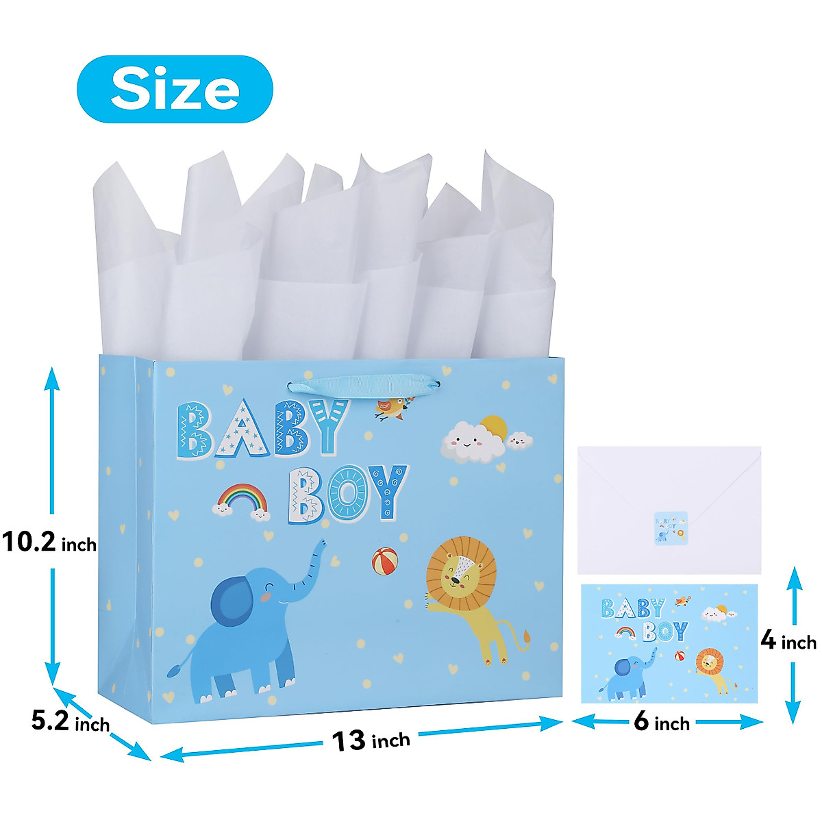 13" Large Blue Gift Bag Set with Greeting Card and Tissue Paper(Elephant and Lion Design) for Baby Boy,Baby Shower,Kids Birthday Party,Newborn,New Moms or Parents - 13” x 5.2” x 10.2”, 1 Pcs.