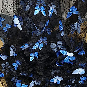 3D Vivid Butterflies Mesh Lace Fabric French Tulle lace for DIY Wedding Dress Costume Accessories Flower Girl Gown Dress Bridal Veil Home Decor (3 Yard, Black mesh+Blue Butterflies)