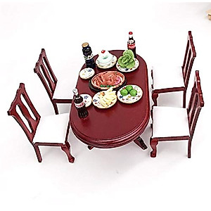 EatingBiting 1:12 Dollhouse Miniature Furniture Red Wooden Dining Table Chairs 5pcs Set 1 Table and 4 Chair Wooden Creative Handcraft Gift for Boys Girls Perfect for Interior Model.