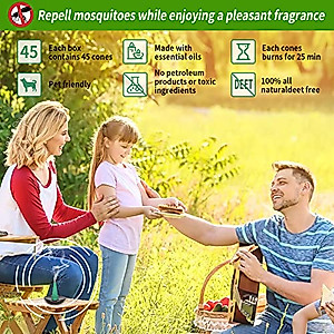 Mosquito Repellent Incense Cones Bug Repellent Outdoor 45 Cones 100% Natural.Made with Natural Lemongrass & Rosemary Oil Non Toxic and DEET Free-Includes 2 Ceramic Dishes