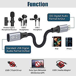 AGVEE [0.3ft USB-C to Lightning DAC Audio Adapter Cable Converter for iPhone iPad iOS Device, for Wireless USB C Lavalier Microphone, USB C Digital Earbuds Headphones & Microphone, Dark Gray