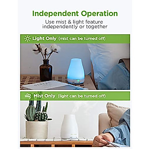 InnoGear Essential Oil Diffuser, Upgraded Diffusers for Essential Oils Aromatherapy Diffuser Cool Mist Humidifier with 7 Colors Lights 2 Mist Mode Waterless Auto Off for Home Office Room, Basic White