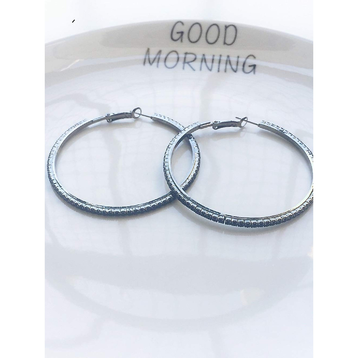 Silver Plated Women Hoop Earrings Bridal Wedding Black White Pink Crystal Rhinestone EarBrings (Black)