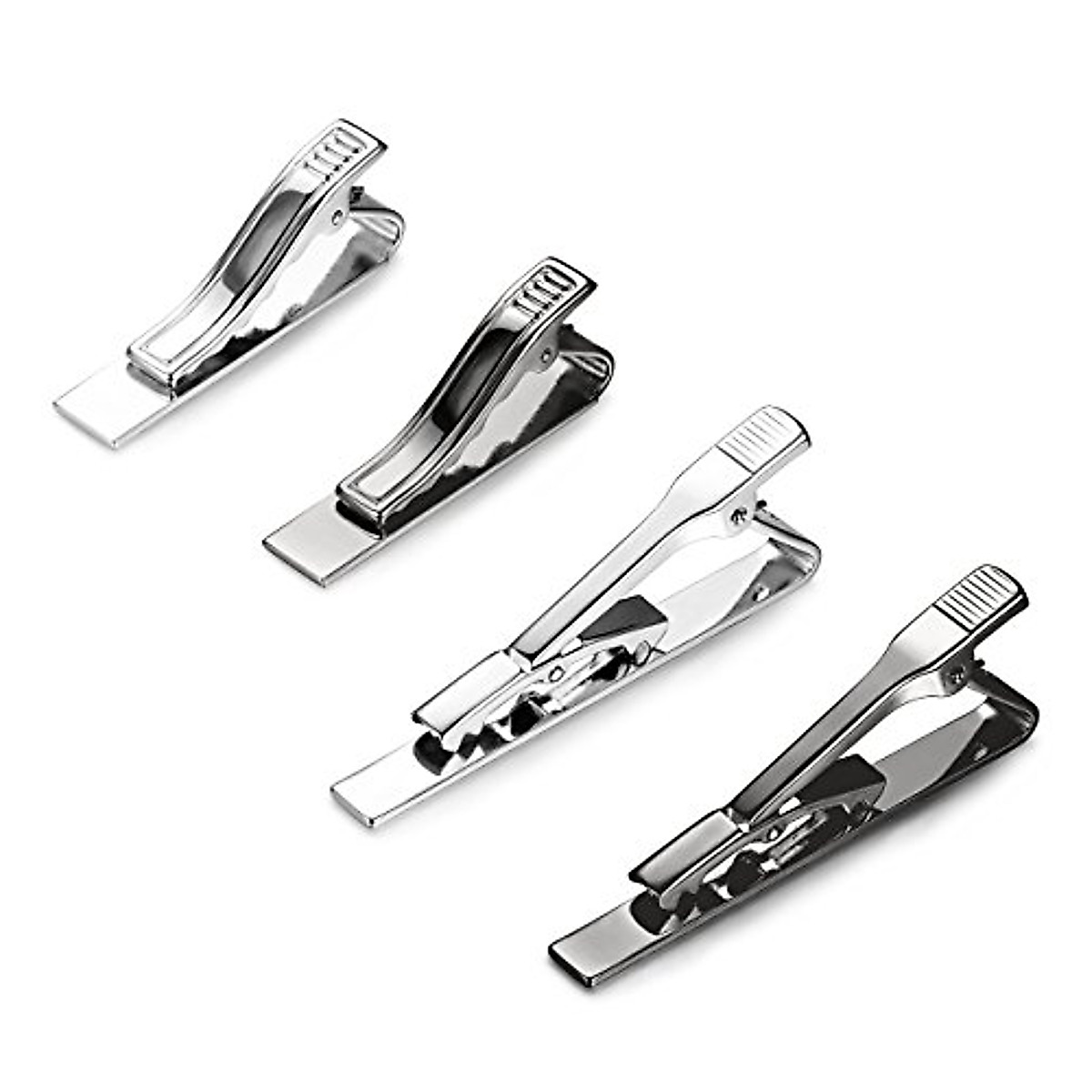 LOYALLOOK 2pcs 2.15Inch Mens Tie Bar Pinch Clip Set for Regular Ties and 2pcs 1.5Inch Skinny Tie Clip with Gift Box Silver Black Tone Pack
