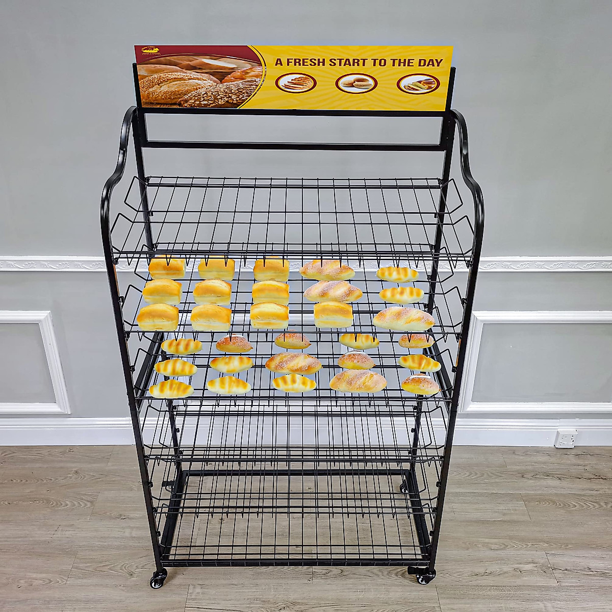 FixtureDisplays® Wide Metal Bakery Display Rack on Wheels, 6 Shelves with Header Holder, 39.5" Wide X 18.5" Deep X 67.8" Black 19399-New-NF