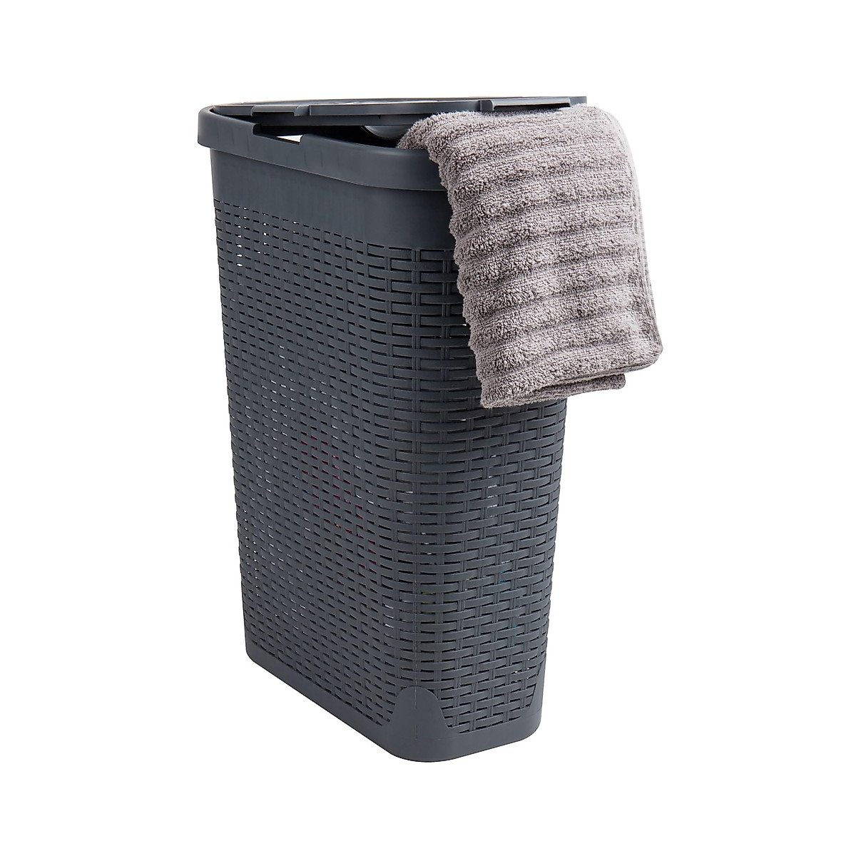 Mind Reader 40L Slim Laundry Hamper, Clothes Basket, Lid, Wicker Design, Plastic, 18"L x 10.4"W x 23.5"H, Gray