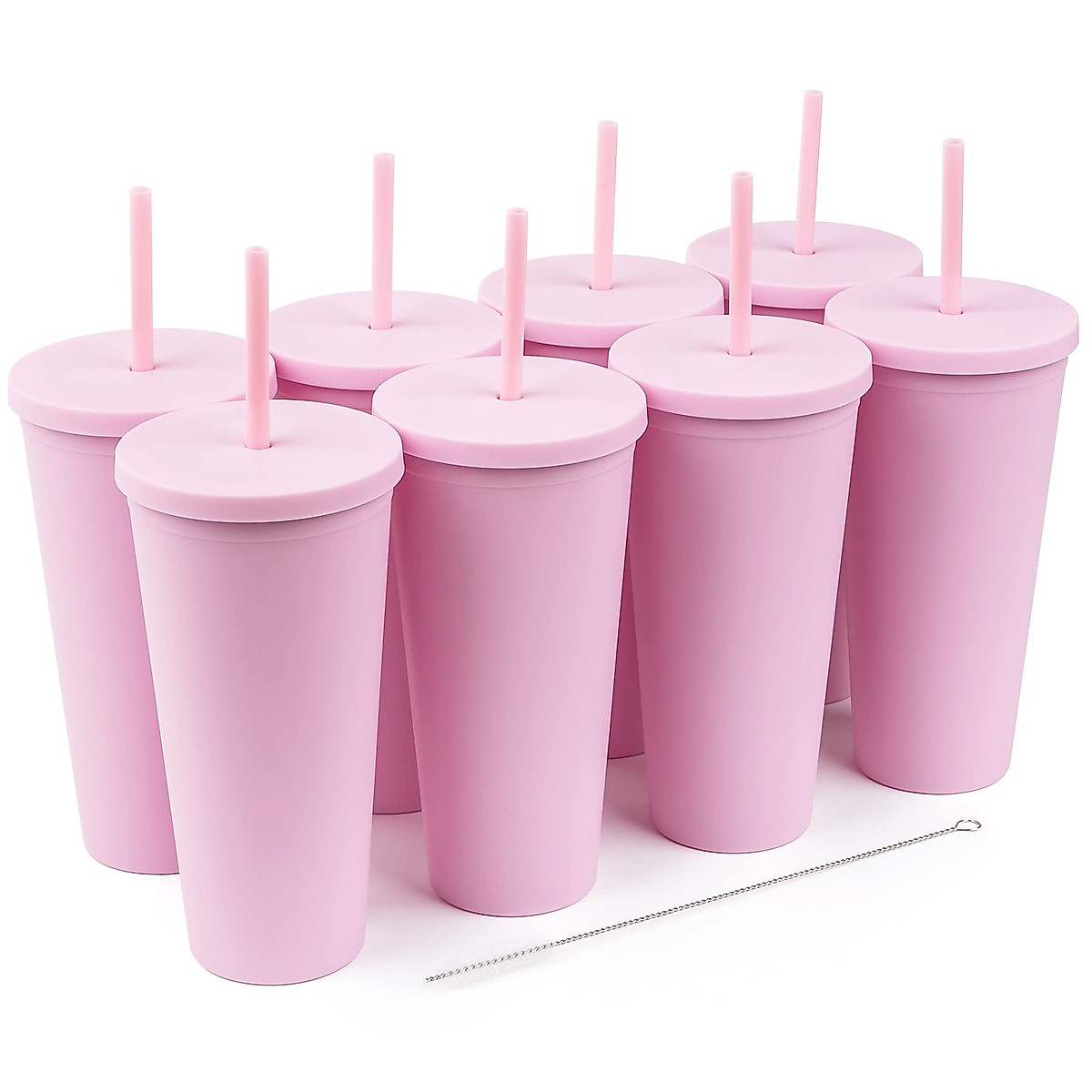 STRATA CUPS Classic Tumblers with Lids and Straws (8 pack) - 22oz Matte Pastel Colored Acrylic Tumblers with Lids and Straws, Double Wall Tumbler Bulk, Reusable Cup with Straw Cleaner (Pink)