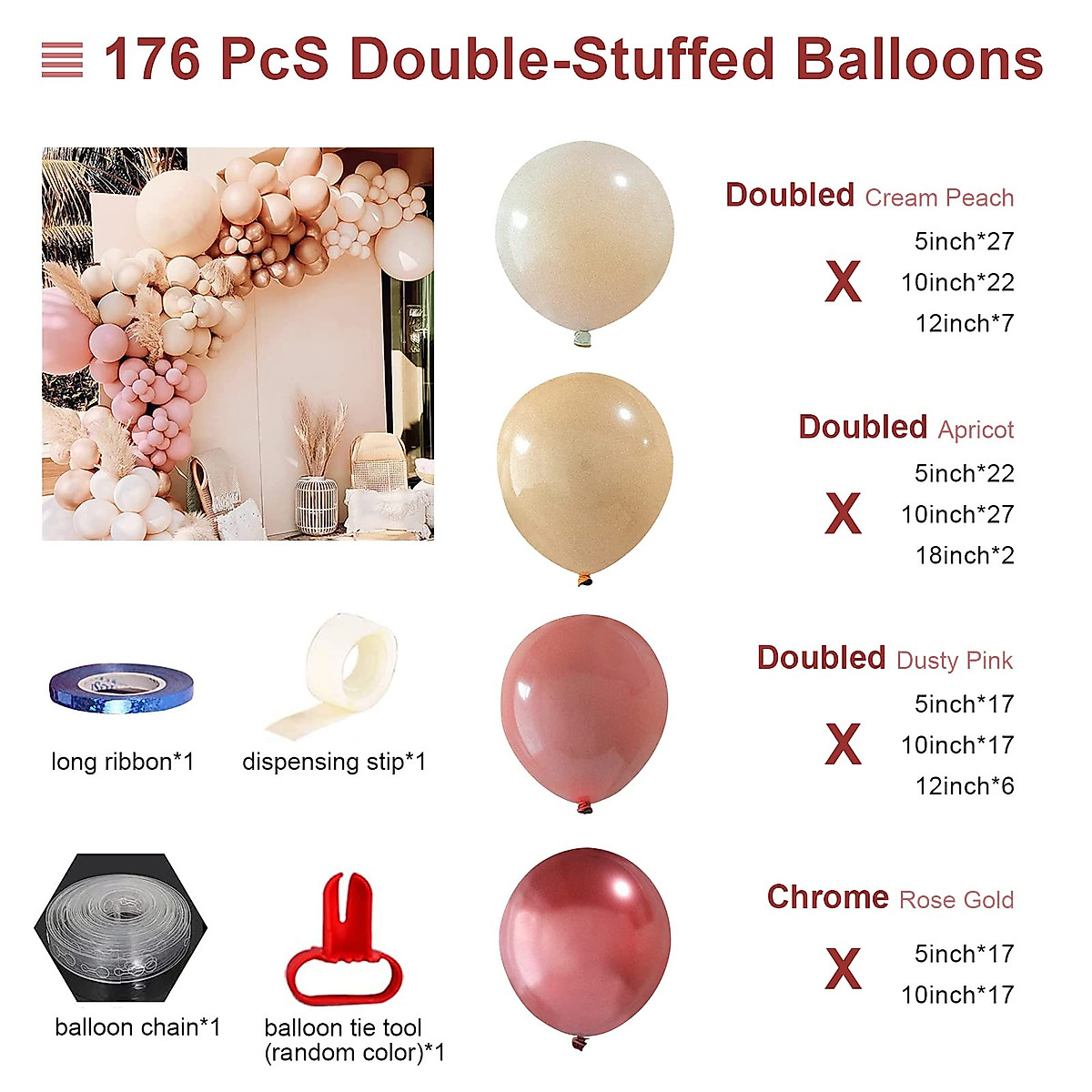 DIY 176pcs Double Balloon Arch Kit, Chrome Rose Gold Double-Stuffed Dusty Pink Cream Peach Balloons, Balloon Arch Kit for Party Decorations, Birthday, Wedding Baby Showers