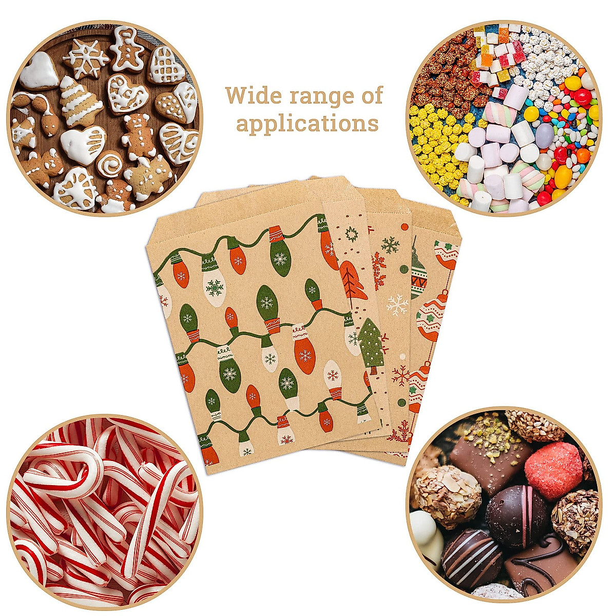 Whaline 120 Pack Christmas Kraft Treat Bags Xmas Tree Snowflake Bulb Light Prints Goodies Snack Gift Bags Red Green Candy Buffet Paper Bags for Christmas Holiday Party Favor Supplies, 4 Designs