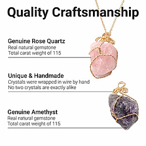 Shop LC Crystal Necklaces - Handmade Healing Amethyst & Rose Quartz Raw Gemstone Necklace Sets - 24" Necklace Length - Set of 2 Jewelry Birthday Gifts for Women