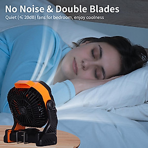 20000mAh Battery powered fan Camping Fan essentials,Portable fan Battery Operated fan, Rechargeable Battery Operated Outdoor Tent Fan with Light & Hook,Personal USB Desk Fan for Camping,Orange