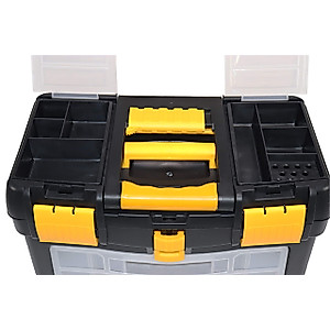 Erie Tools Portable Rolling 2-Tiered Organizer Storage Box with Foldable Auto-Locking Handle and Detachable Storage Compartment for Crafts Toys Fishing Tools