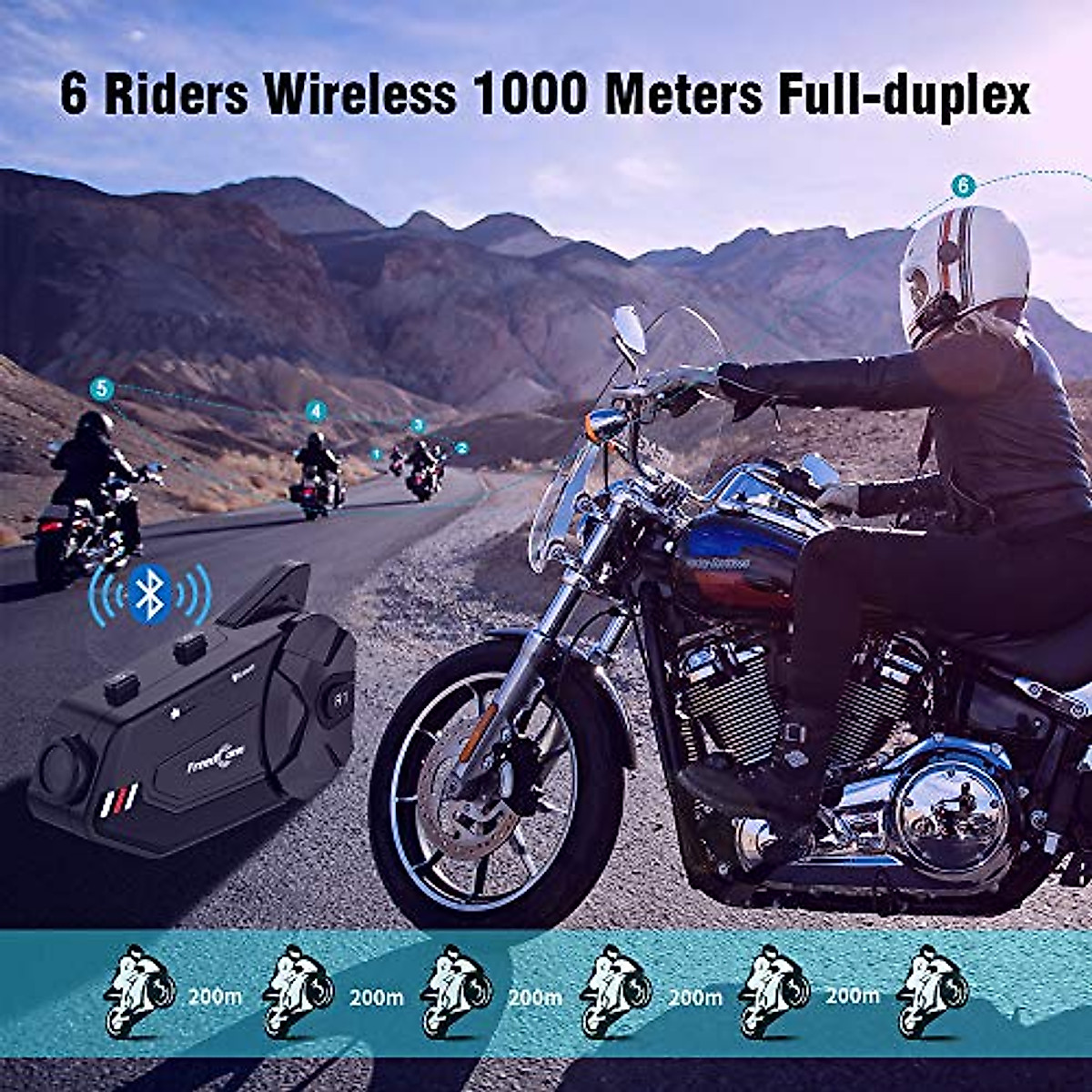 FreedConn Motorcycle Helmet Headset with Camera R1plus Bluetooth Intercom 1000M 6 Riders Waterproof Wireless FM Radio Communication Systems for Most Helmets