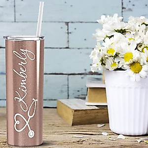 Cuptify Personalized Nurse Heart Stethoscope, RN, LPN, CNA, CMA, MA Skinny Tumbler with Lid and Straw on Rose Gold 20 oz Insulated Stainless Steel Gift Birthday For Women