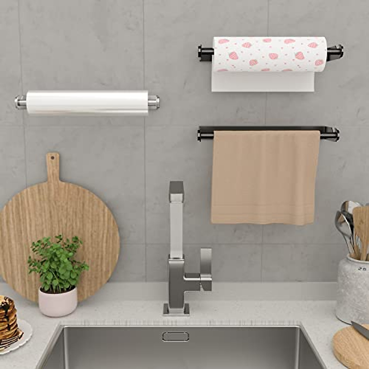 JUTOROSY Paper Towel Holder Under Cabinet for Kitchen, Wall Mount Paper Towel Holder Self-Adhesive or Drilling, Paper Roll Holder Paper Towel Rack for Kitchen, Bathroom, Pantry, Sink, Silver-2 Pack