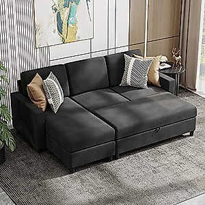 JAMFLY 79'' Sectional Sofa Couch with Storage Ottoman, Living Room Furniture Set Small Deep Convertible Sofa, L-Shaped Couch Wide Reversible Chaise with Linen Fabric (Charcoal Grey)