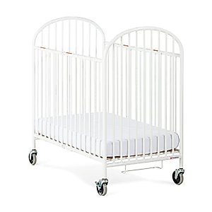 Foundations Pinnacle Folding Steel Crib, Portable Baby Crib with Commercial Grade 3" Casters, Heavy Duty Steel Hotel Crib, Includes 4 Inch Foam Mattress, White