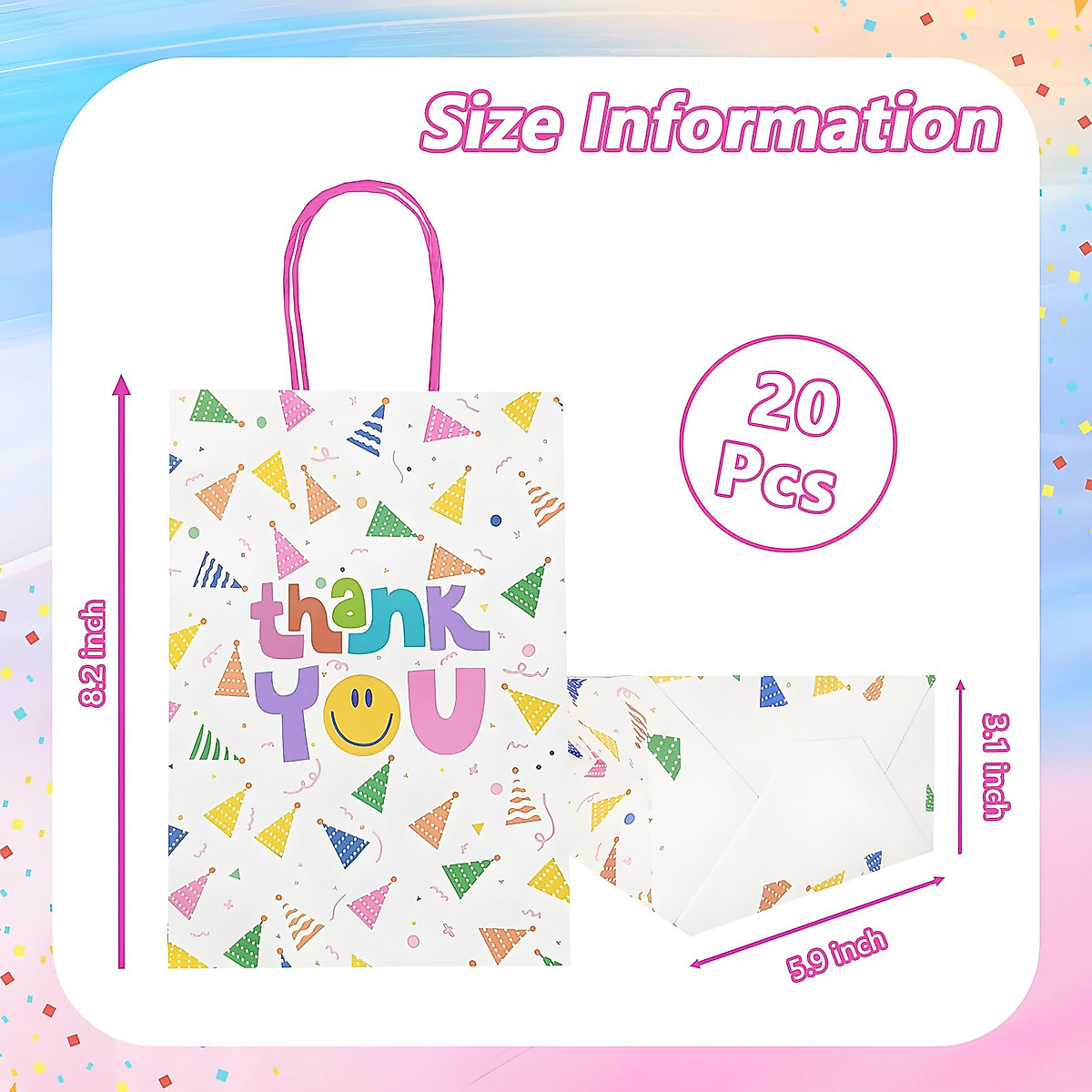 OFIHANLY 20Pcs 8.2" Small Thank You Party Favor Goodie Bags for Boy Girls Kids Birthday Cute Paper Treat Candy Return Gift Bags Bulk with Handles