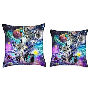 Random Galaxy Cosmic Space Wolf, Wolves Family, Galactic Howl Throw Pillow, 18x18, Multicolor