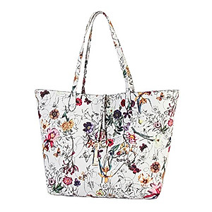 DIOPHY PU Leather Colorful Floral Pattern Two Tone Reversible Large Tote Womens Purse Handbag with Matching Crossbody Bag 2 Pieces Set FL-6000 FL-6001 (White exterior-Red interior)
