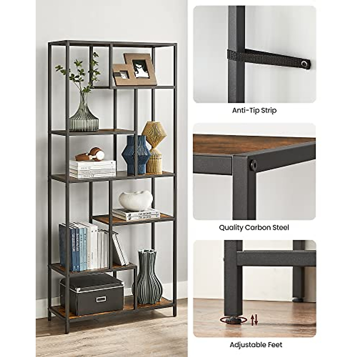 VASAGLE Bookshelf, 6-Tier Tall Bookcase, Display Shelf, Plant Stand, 11.8 x 31.5 x 70.9 Inches, Particleboard, for Study, Office, Living Room, Bedroom, Kitchen, Rustic Brown and Black ULLS119B01