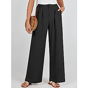 Caracilia Womens Summer Linen Palazzo Pants Wide Leg High Waist Business Casual Work Lightweight Trousers Loose Pleated Elastic Waist Dressy Pants 2024 Black Fashion Outfits with Pocket C118A3-heise-L