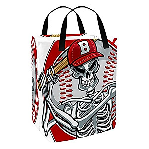 Human Skeleton Playing Baseball Print Collapsible Laundry Hamper, 60L Waterproof Laundry Baskets Washing Bin Clothes Toys Storage for Dorm Bathroom Bedroom