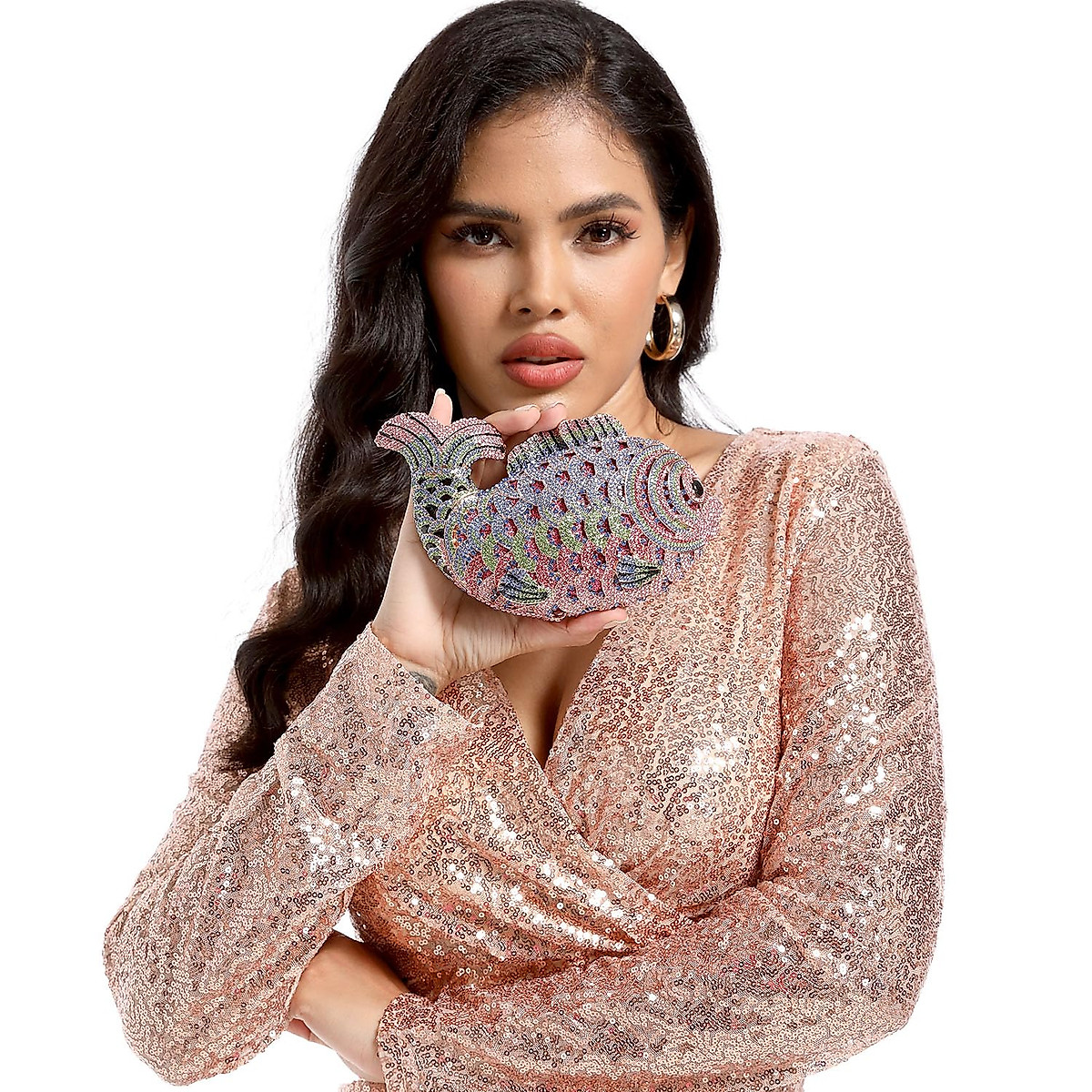 Boutique De FGG Super Mini Women Fish Evening Bags Crystal Clutch Purse Wedding Party Rhinestone Handbags (Pink&Green)