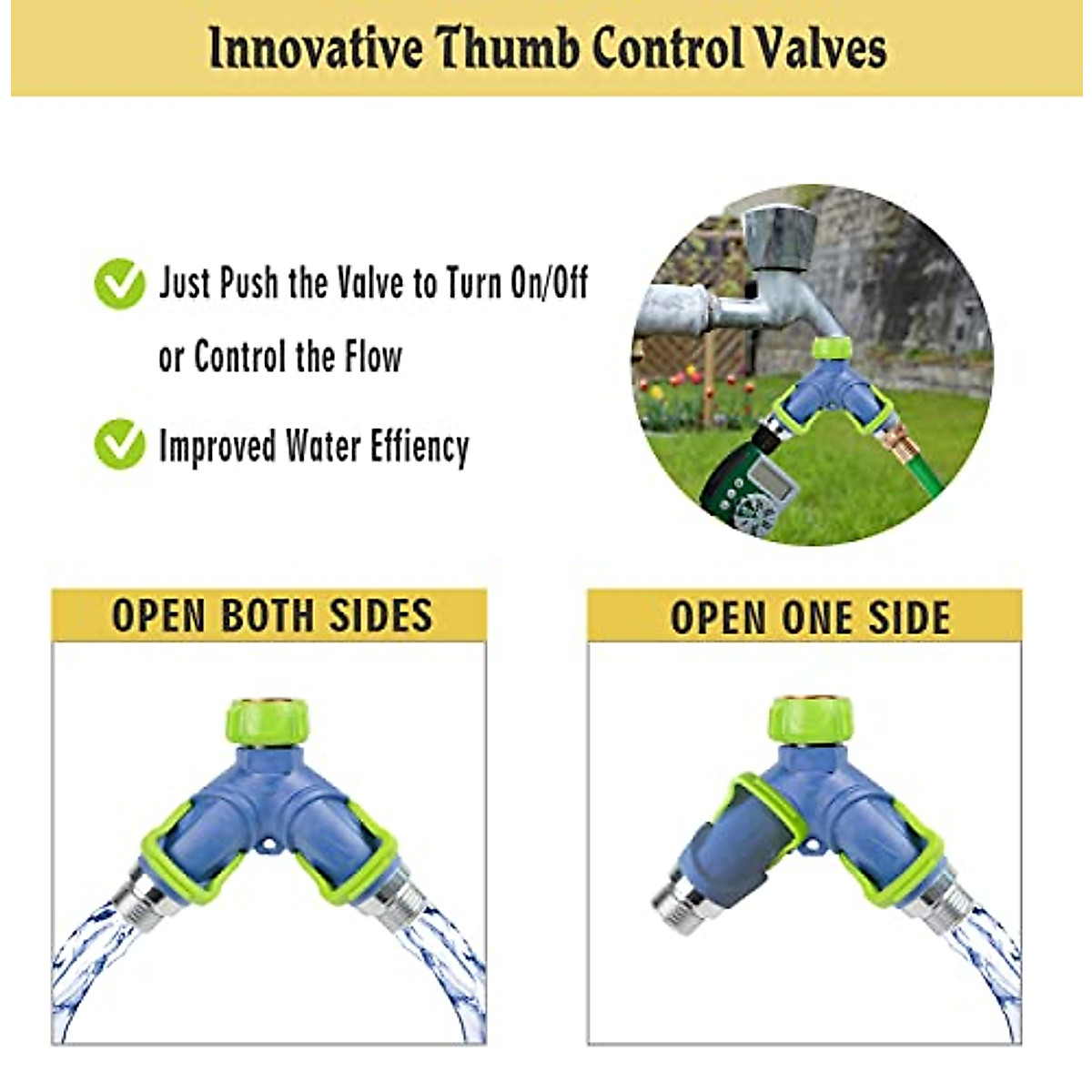 Garden Hose Splitter 2 Way, Heavy Duty Y Hose Splitter with Thumb Control Valves, 3/4" Metal Two Way Faucet Splitter Shut Off Valve Hose Connector Adapter with 2 Rubber Washers