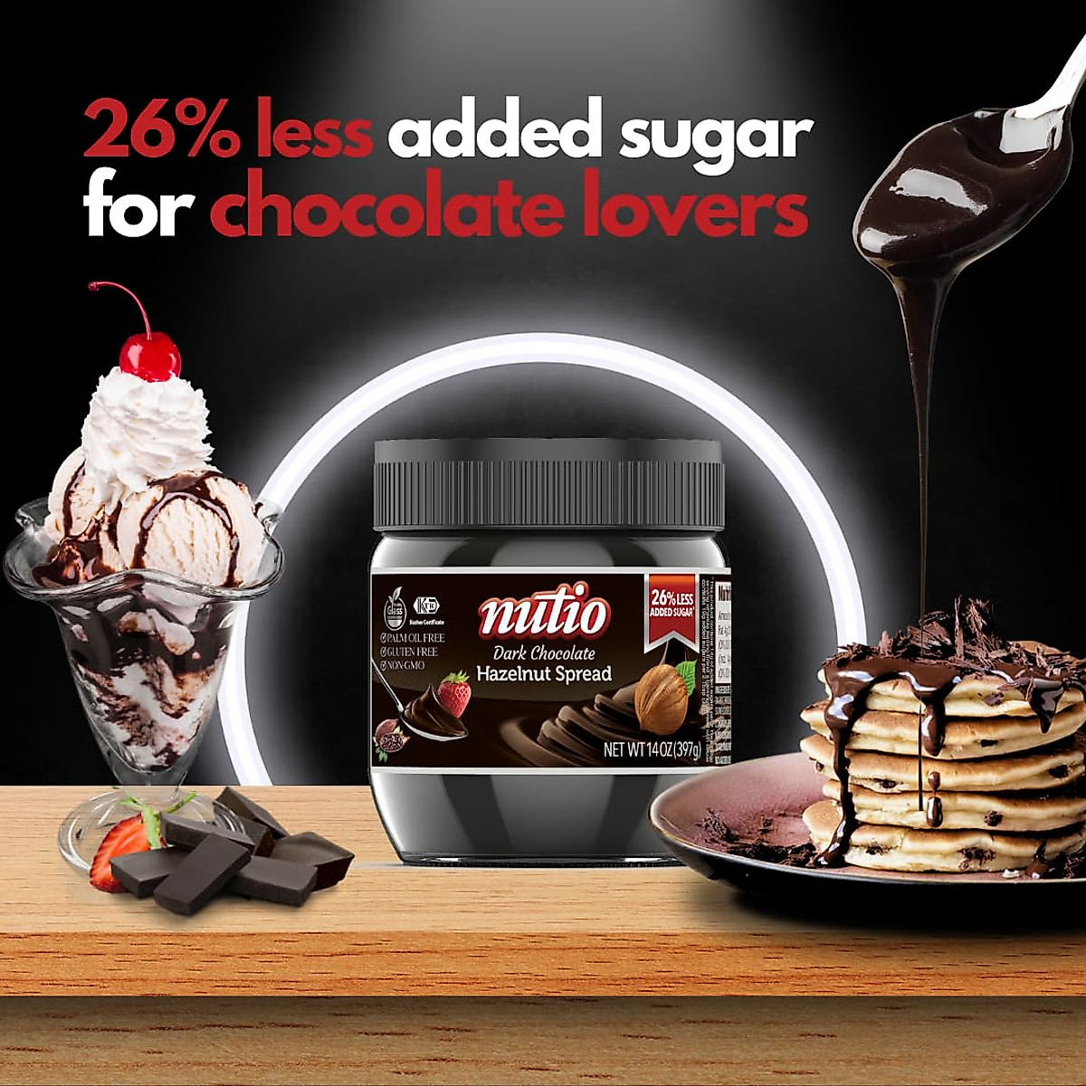 Nutio Dark Chocolate Hazelnut Spread - 26% Less Added Sugar, Palm Oil Free, Gluten Free, Non-GMO - 14 oz Glass Jar