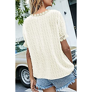 Dokotoo Womens Ladies Summer Fall Sexy Lace Crochet V Neck Short Sleeve Pom Pom Boho Shirts 2024 Spring Casual Loose Solid Chiffon Blouses for Women Tops Apricot XL